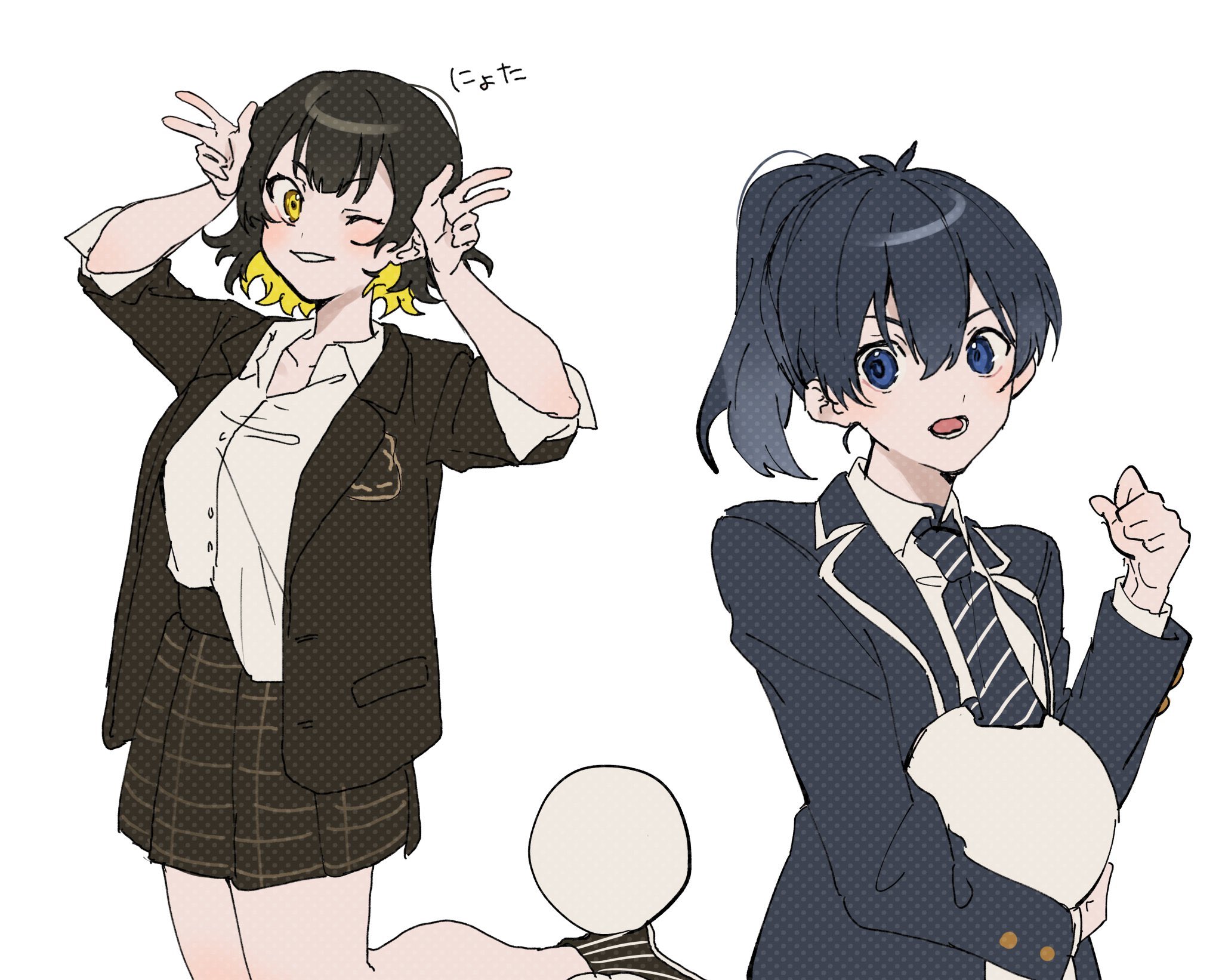 Safebooru - 2girls arms up bachira meguru ball bangs black footwear black hair black jacket ...