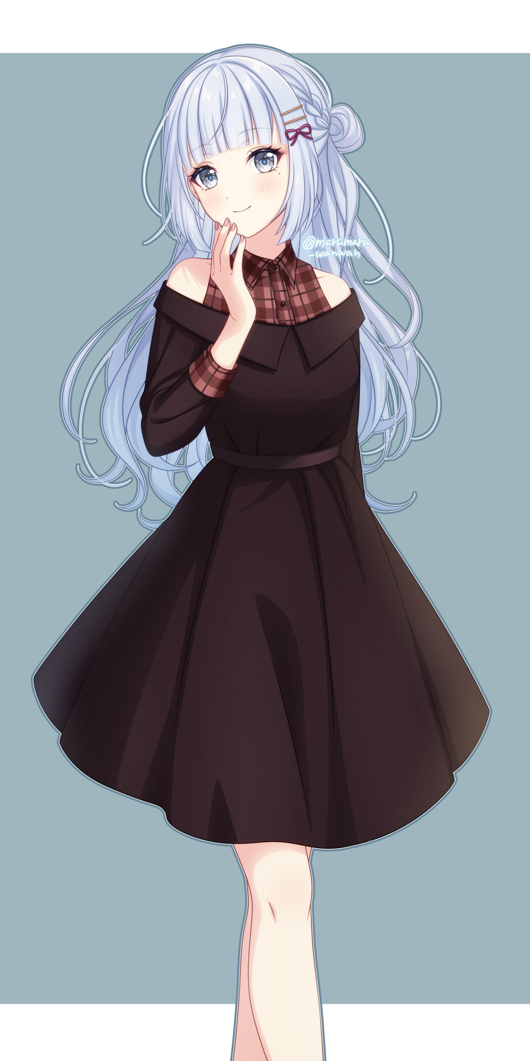 Safebooru - 1girl absurdres bangs bare legs bare shoulders blue eyes blue hair blunt bangs brown ...