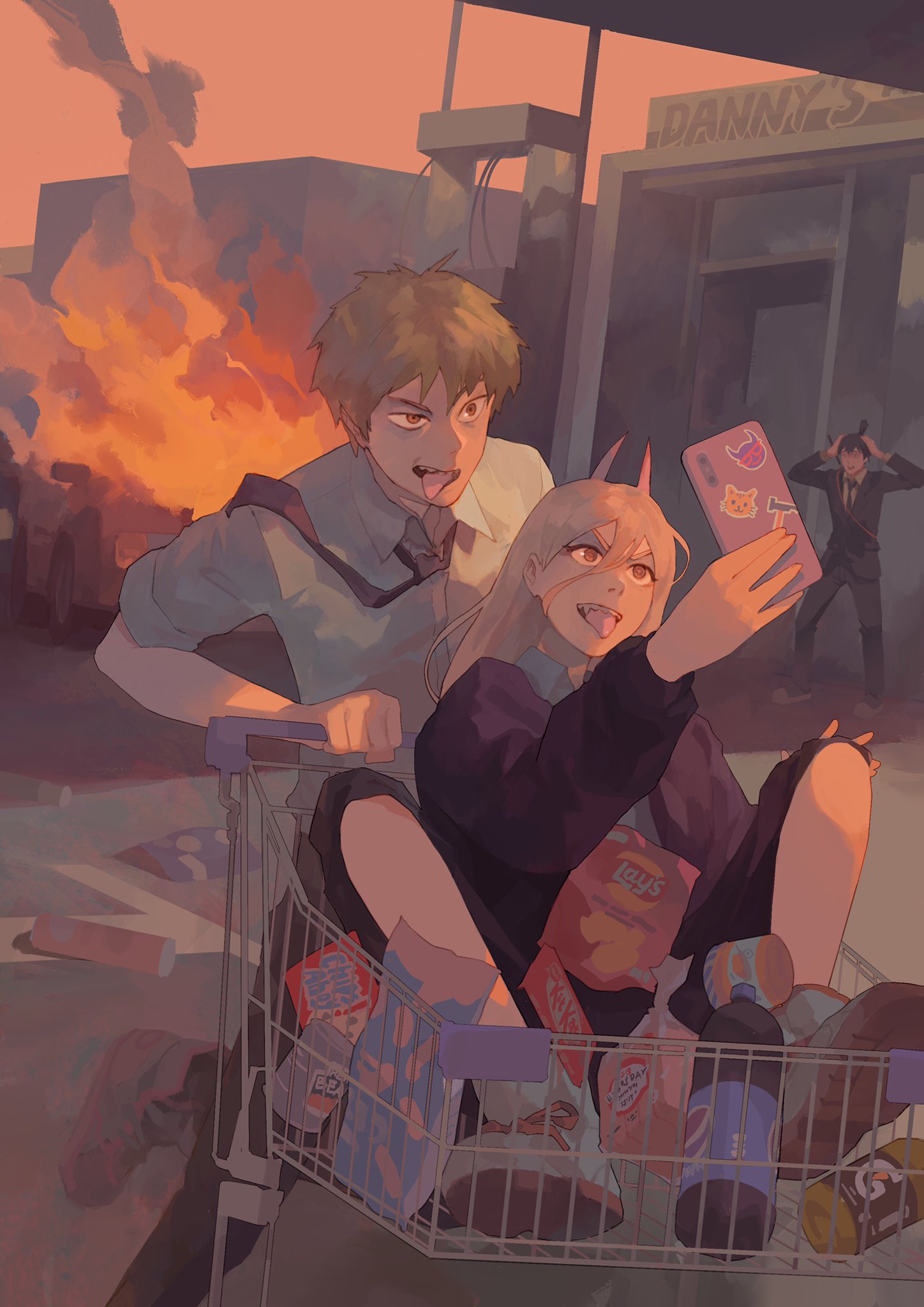 Safebooru - 1girl 2boys bangs beans black hair black necktie blonde hair burning can candy cat ...