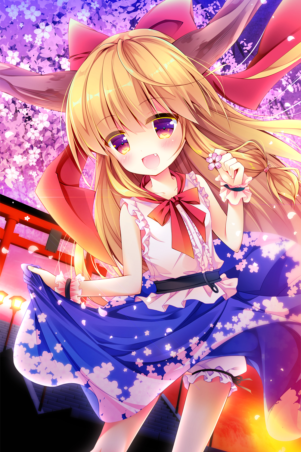 Safebooru - 1girl belt bow center frills cherry blossoms commentary request enjoy mix fang ...