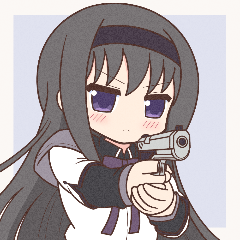 Safebooru - 1girl akemi homura black hair black hairband blush closed mouth film grain gun ...