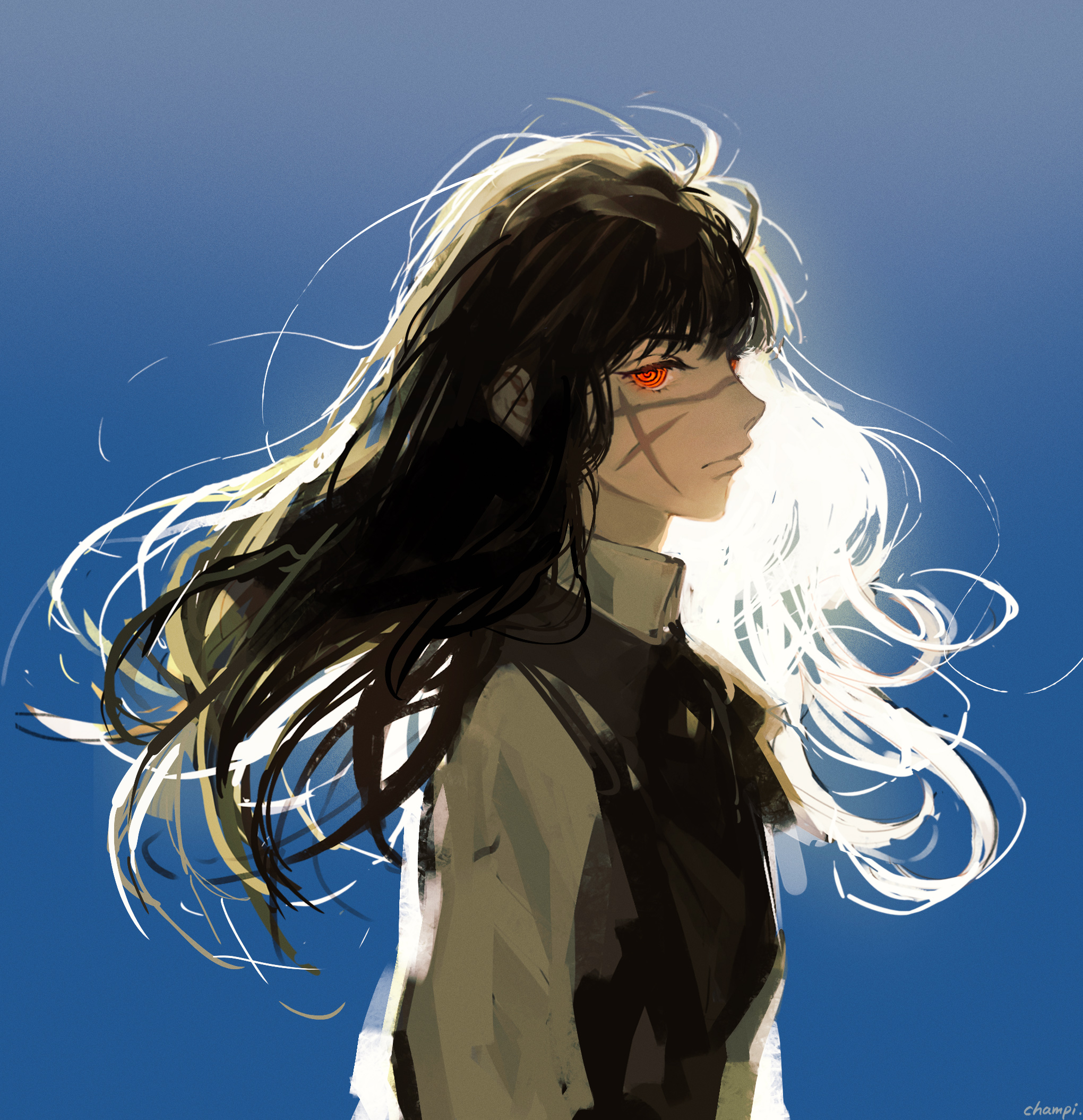 Safebooru - 1girl artist name black dress black hair black ribbon blue background chainsaw man ...