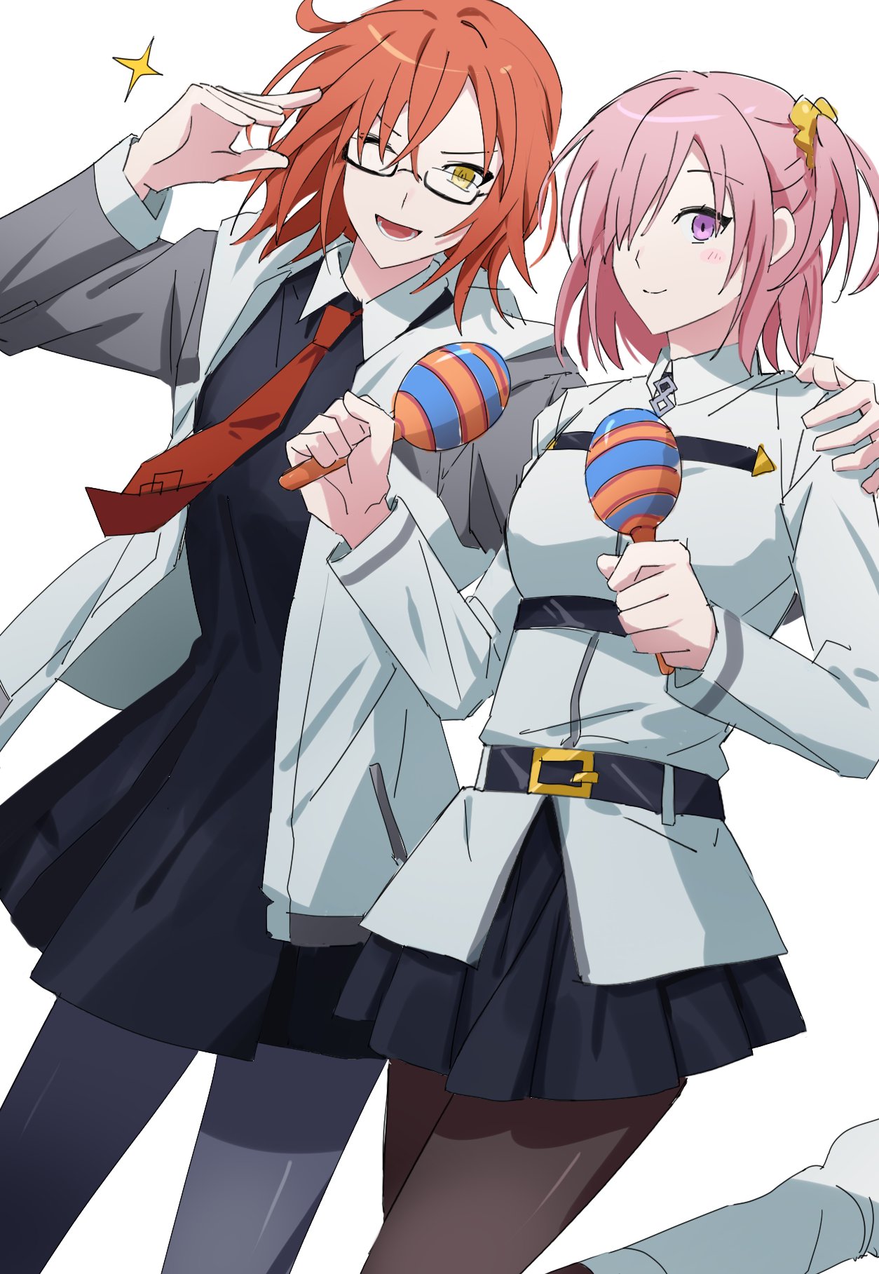 Safebooru - 2girls alternate hairstyle belt belt buckle black-framed eyewear black belt black ...