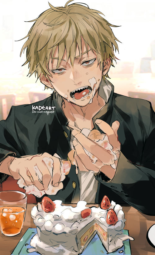 Safebooru - 1boy artist name bangs black jacket blonde hair cake ...