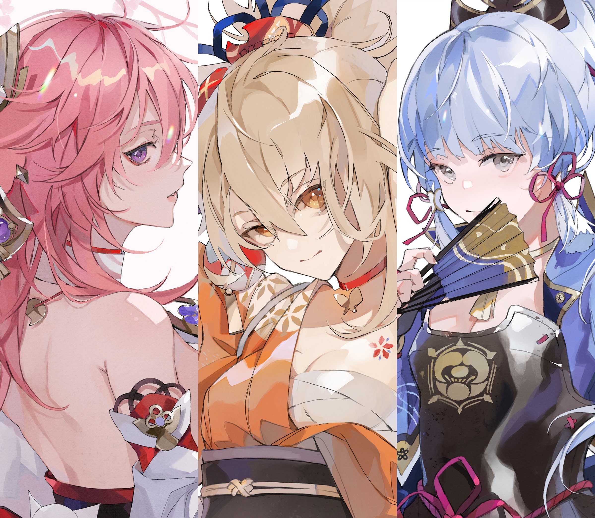 Safebooru - 3girls animal ears arm up back bandages bangs bare back bare shoulders belt black ...