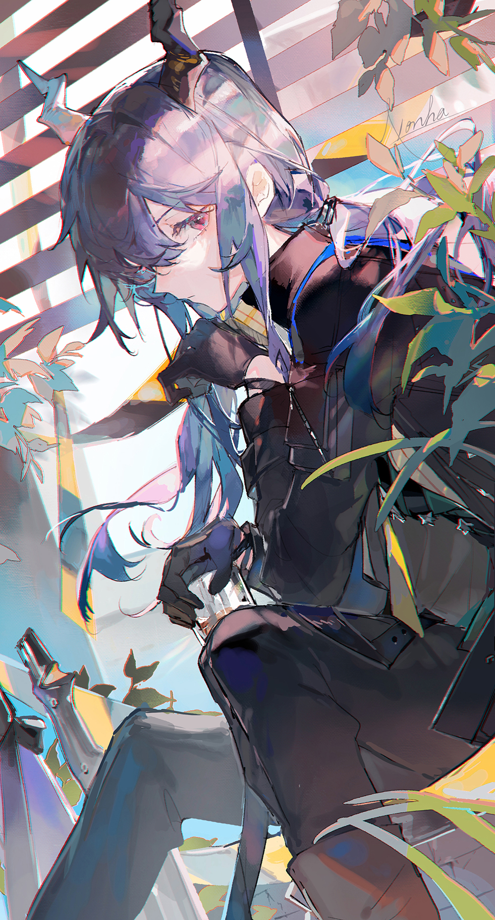 Safebooru - 1girl arknights artist name black footwear black jacket black pants blue hair ch'en ...