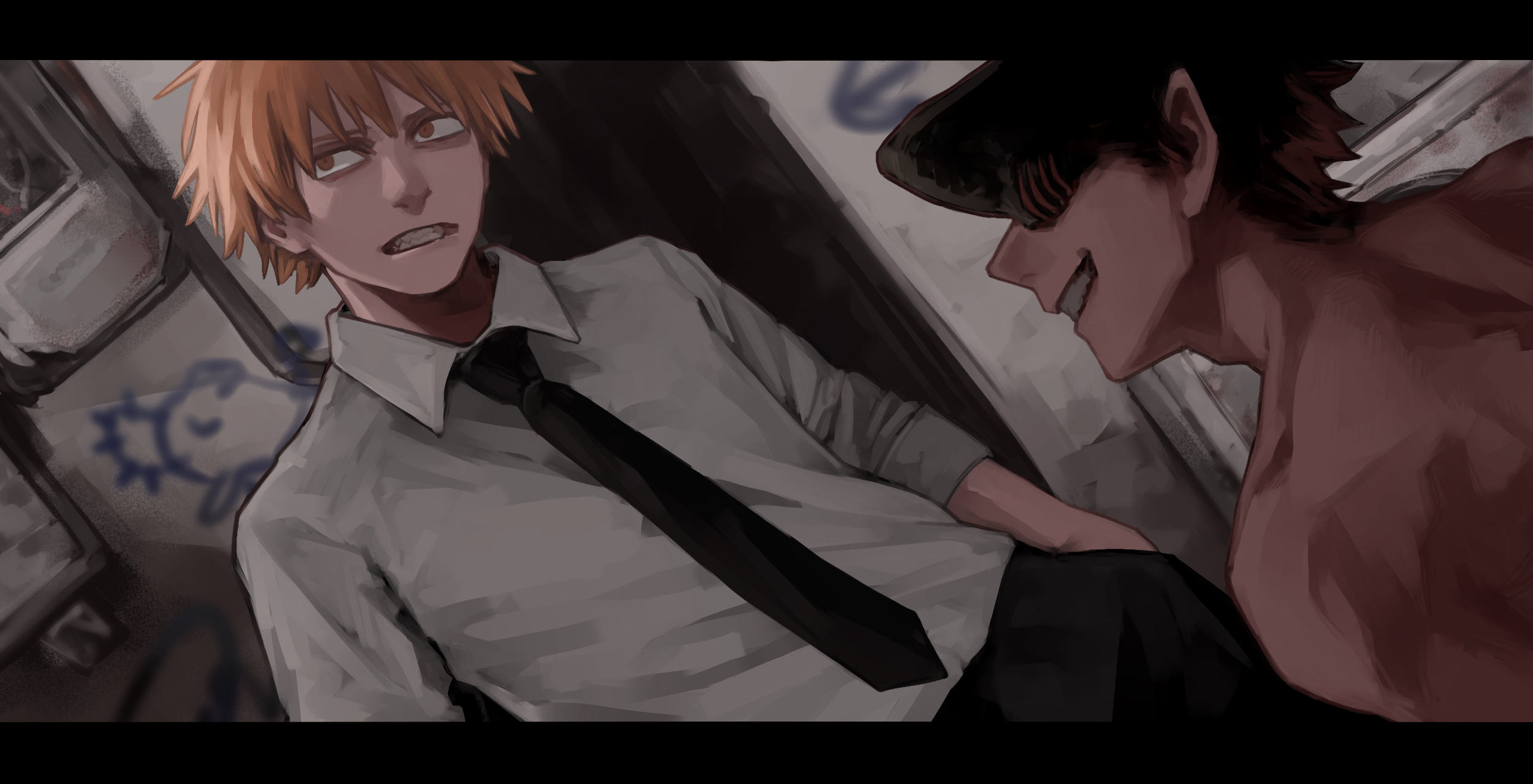 Safebooru - 2boys beam (chainsaw man) black necktie black pan blonde hair chainsaw man collared ...