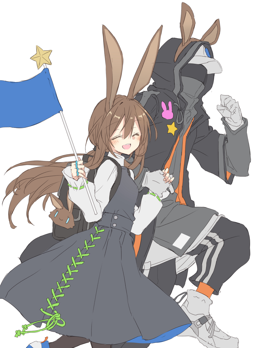 Safebooru - 1girl 1other ^ ^ ambiguous gender amiya (arknights) animal ears arknights black coat ...