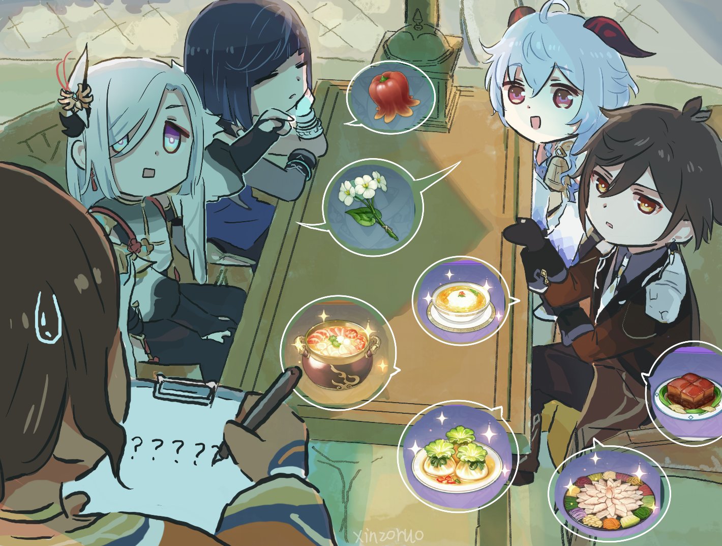 Safebooru - 1boy 3girls ? ?? bangs black hair blue hair blunt bangs brown hair brown shirt chibi ...