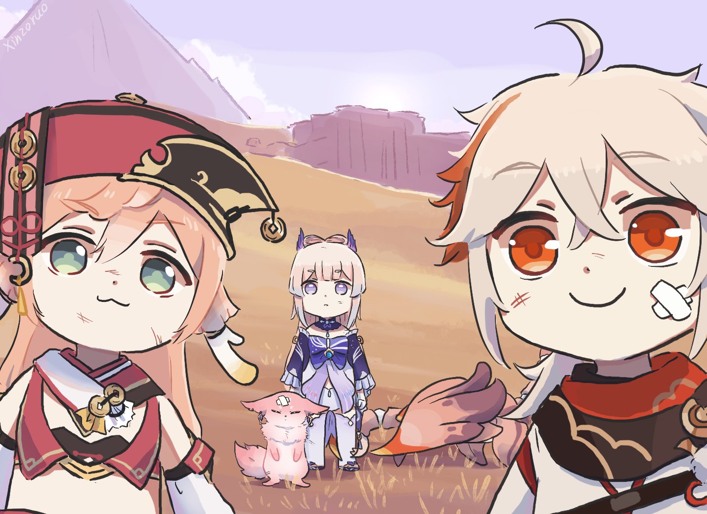 Safebooru - 1girl 3girls :3 ahoge animal ears artist name bandaid bandaid on face bandaid on ...