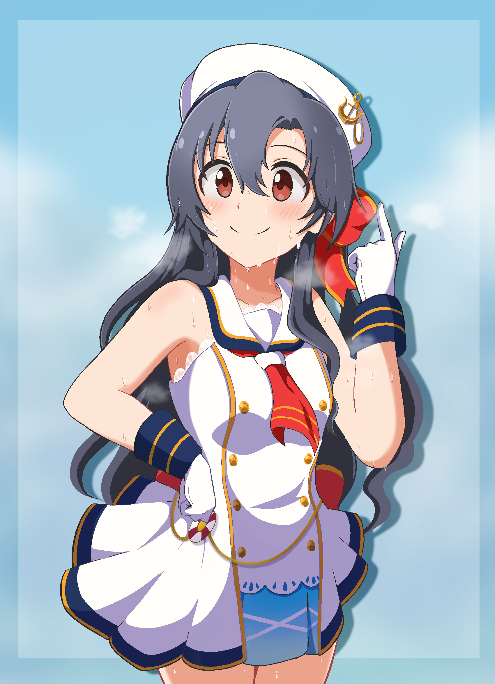 Safebooru - 1girl anchor hat ornament black hair blue background blush breath buttons collar ...