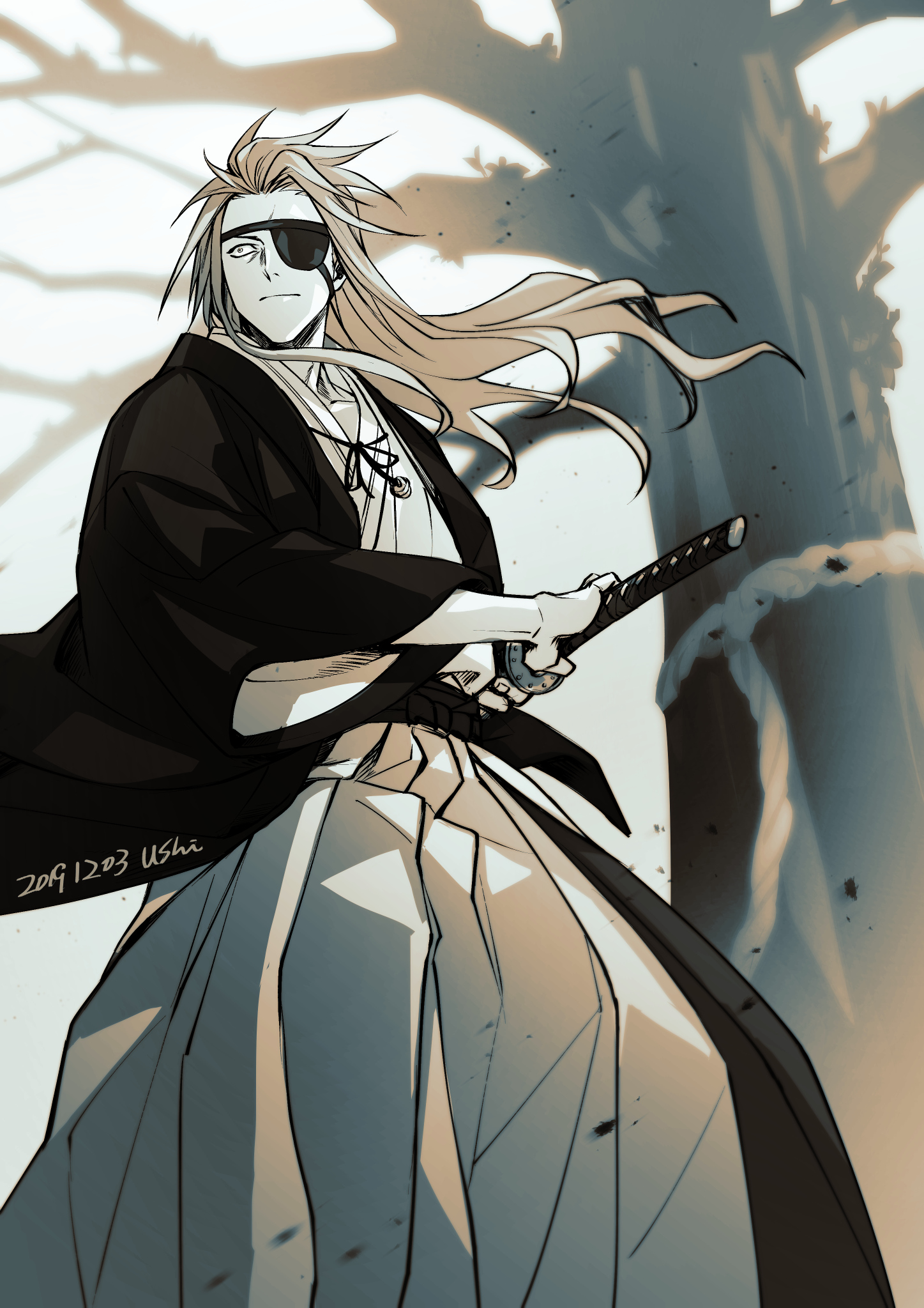 Safebooru - 1boy eyepatch haori highres holding holding sword holding ...