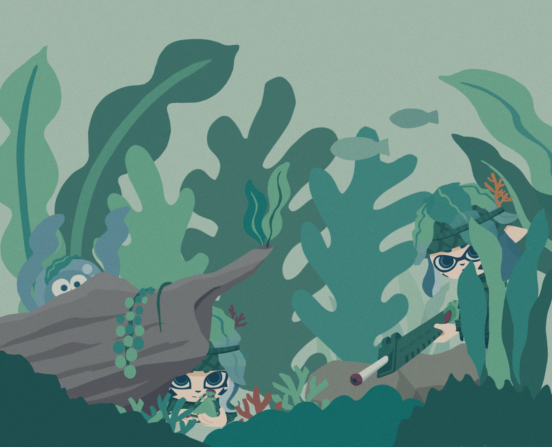 Safebooru - 2girls blue eyes blue hair camouflage closed mouth coral ...