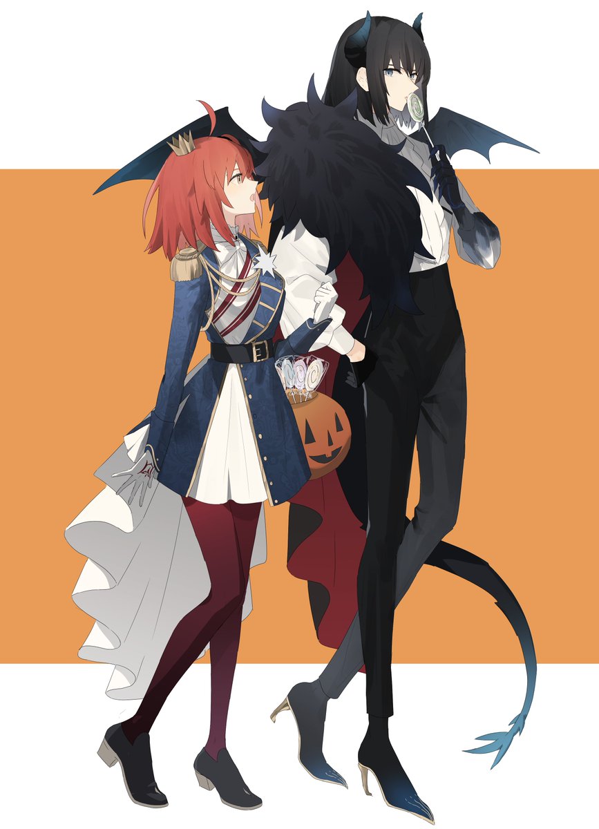 Safebooru - 1boy 1girl ahoge bat wings belt black belt black hair black pants blue dress blue ...