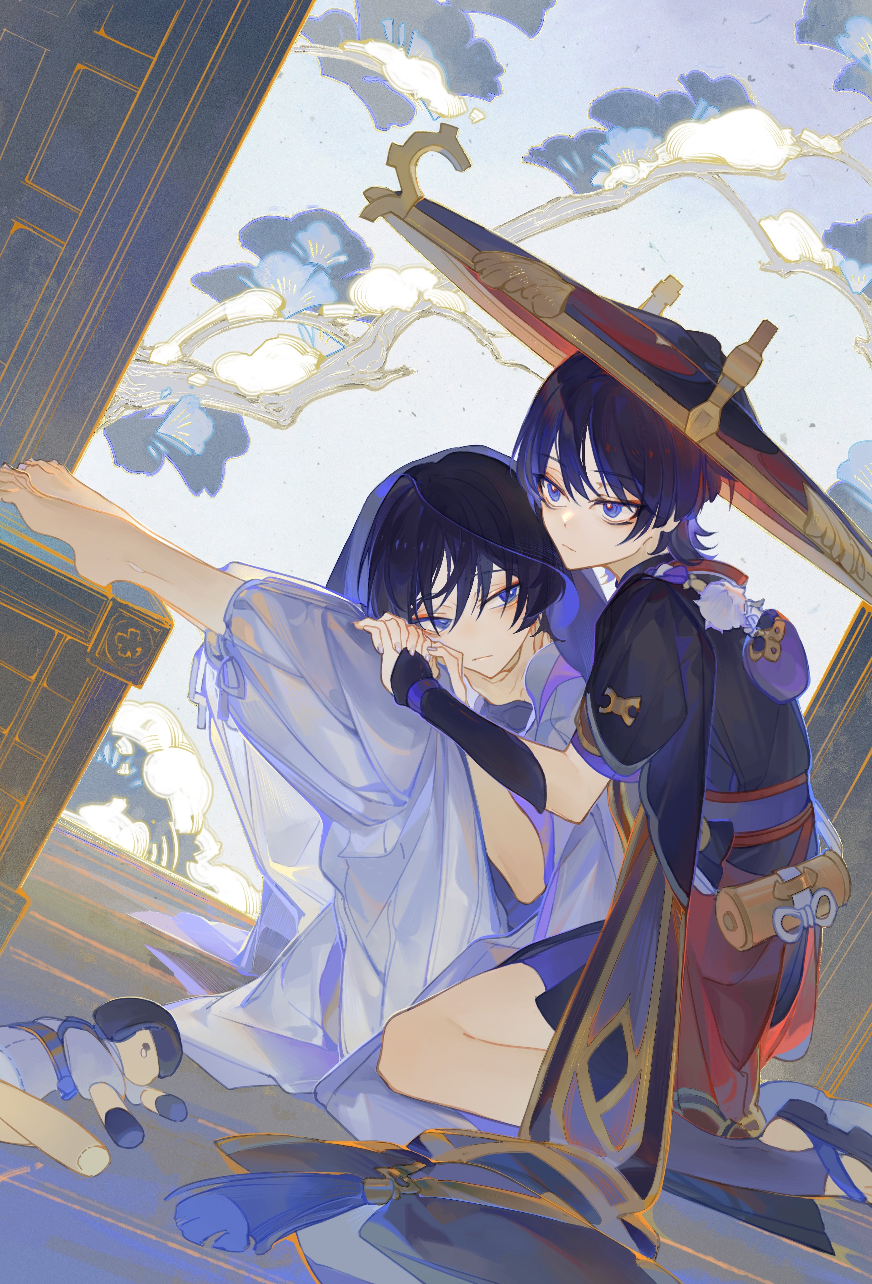 Safebooru - 2boys absurdres arm armor back baggy pants bangs barefoot black footwear black hair ...