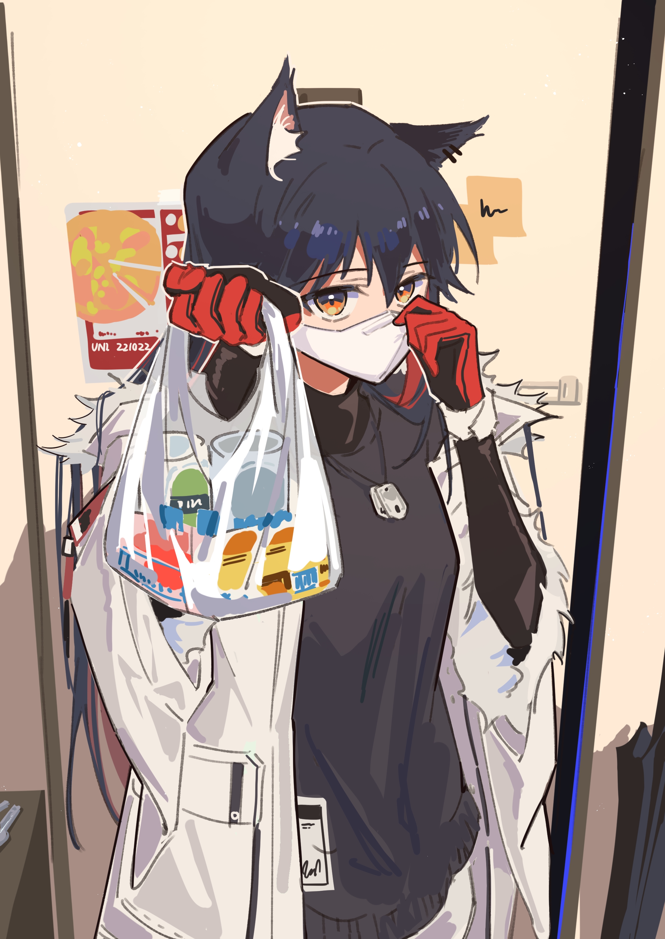 Safebooru - 1girl absurdres animal ears arknights bag black hair black shirt coat ear piercing ...