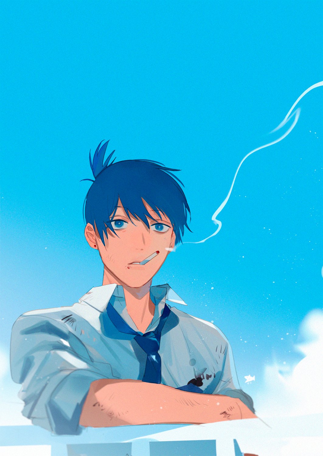 Safebooru - 1boy bangs blank stare blue background blue eyes blue hair blue necktie blue sky ...
