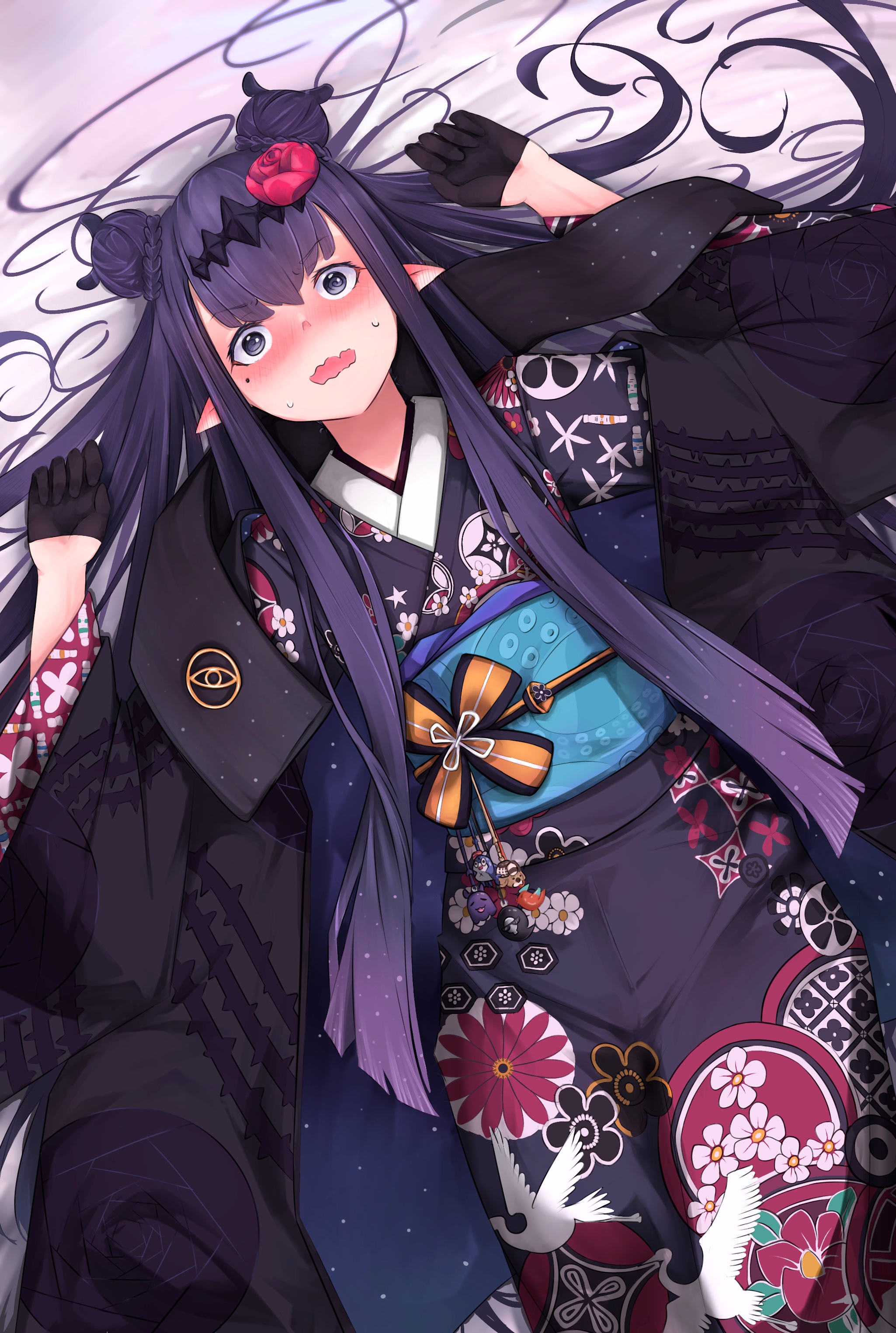 Safebooru - 1girl absurdres black gloves black hair black kimono blue robe blush braid braided ...