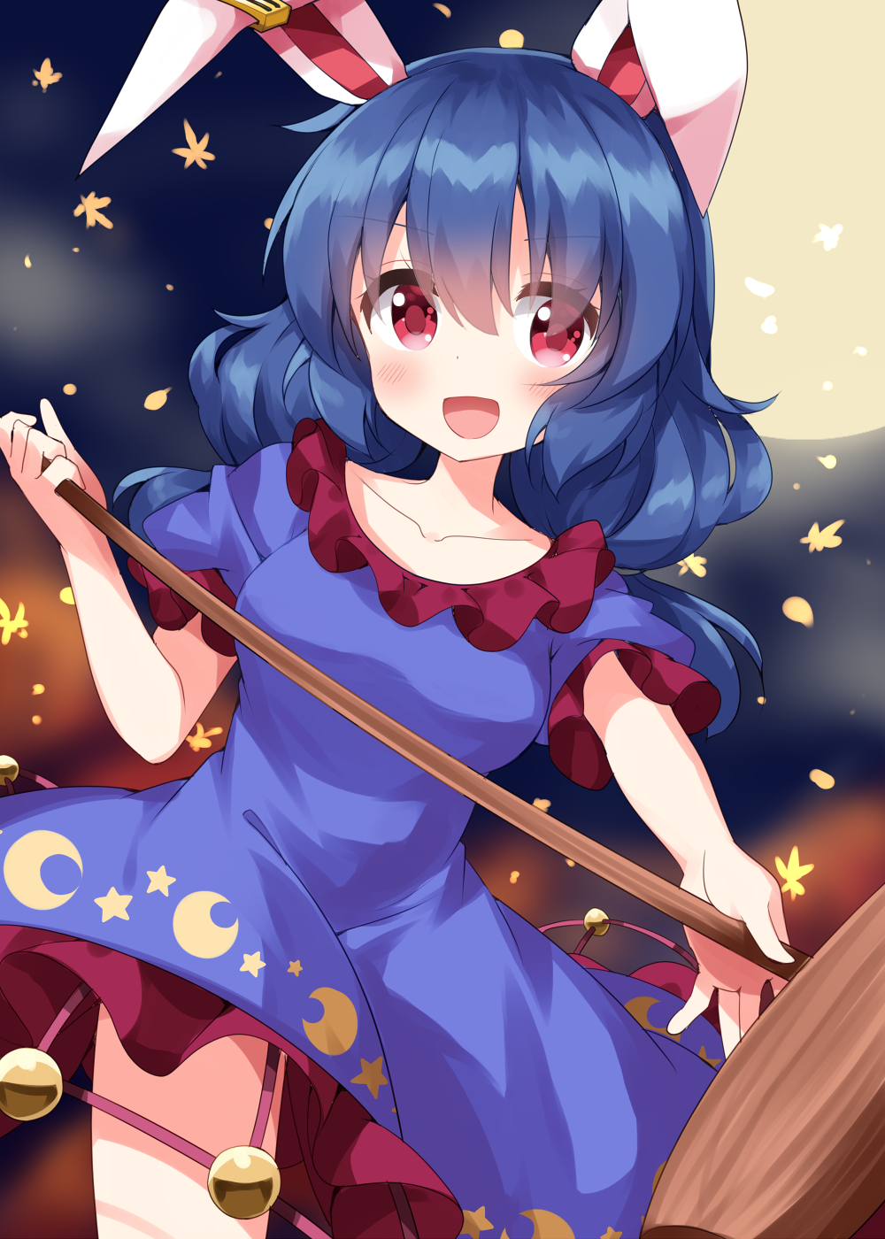 Safebooru - 1girl animal ears blue dress blue hair blush collarbone crescent print dress frilled ...