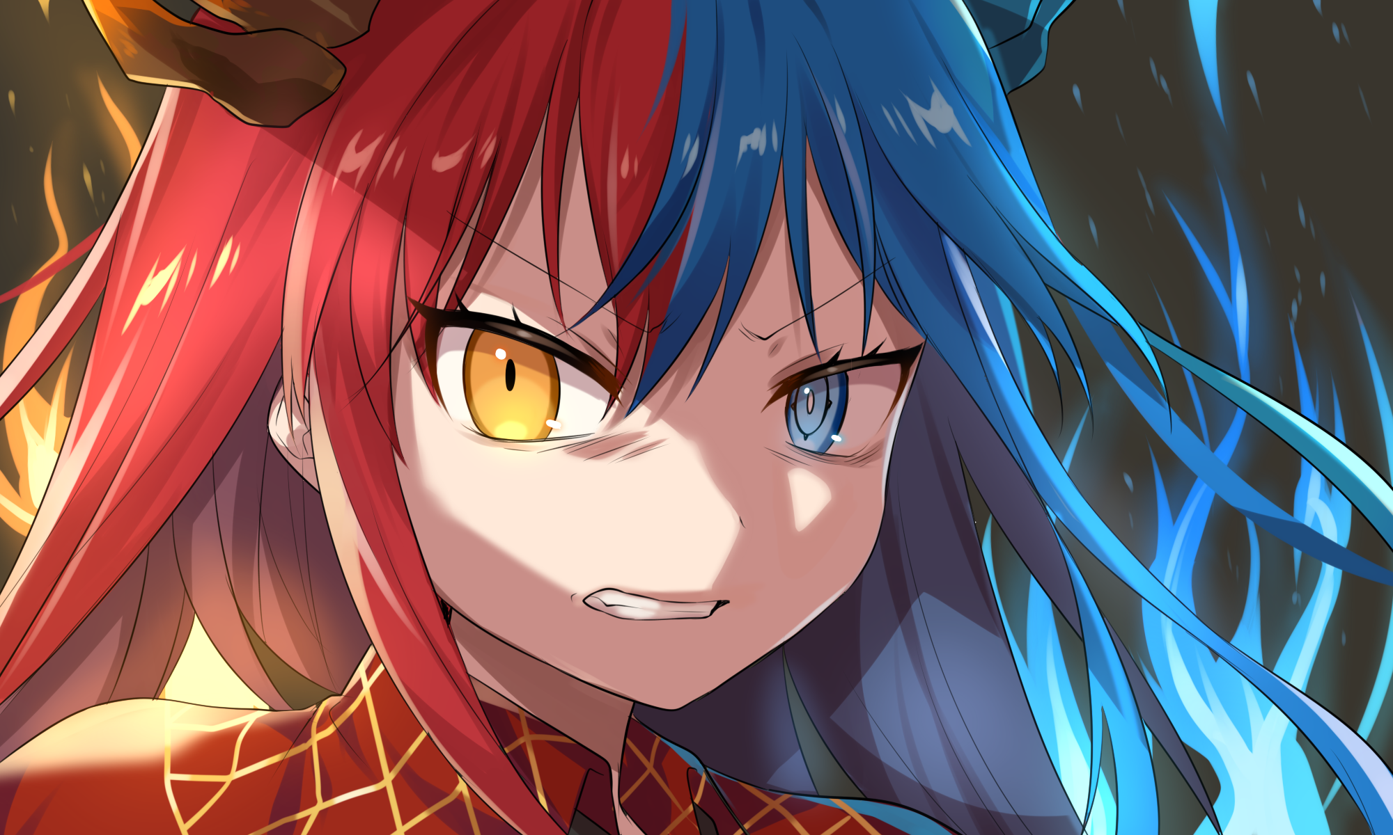 Safebooru - 1girl angry bangs blue eyes blue fire blue hair blue horns bright pupils clenched ...