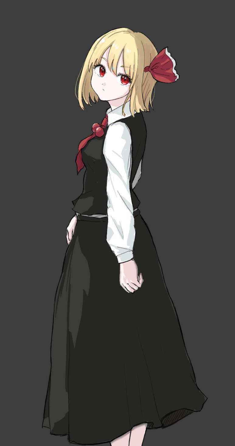 Safebooru - 1girl ascot black background black skirt black vest blonde hair closed mouth ...