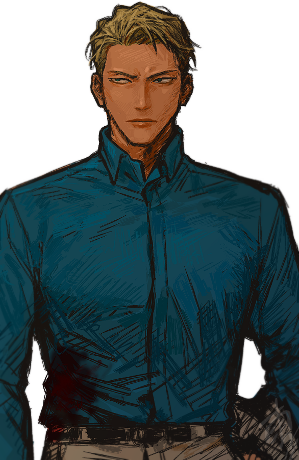 Safebooru - 1boy belt blonde hair blood blood on clothes blue shirt expressionless grmms otk ...