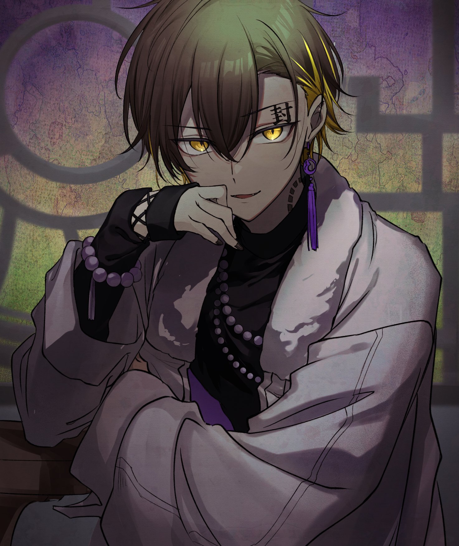 Safebooru - 1boy bead bracelet bead necklace beads black hair black nails black shirt blonde ...