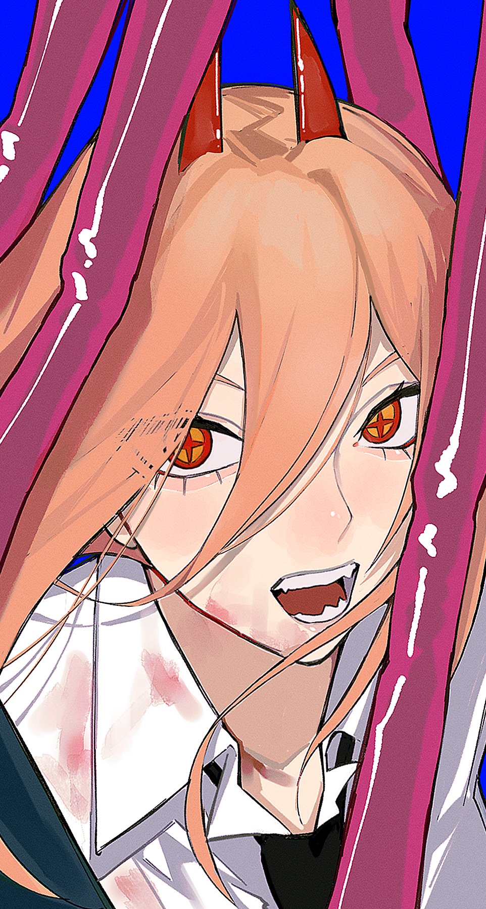 Safebooru - 1girl bangs black necktie blood blood on clothes blood on face blue background bow ...