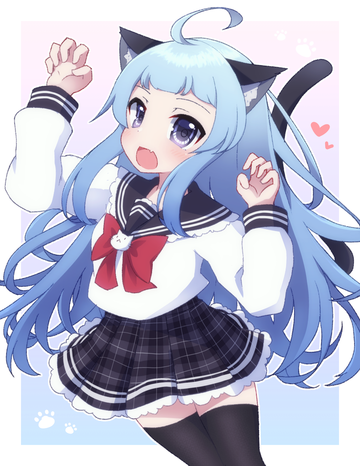 Safebooru - 1girl :d ahoge animal ear fluff animal ears arm up black sailor collar black ...