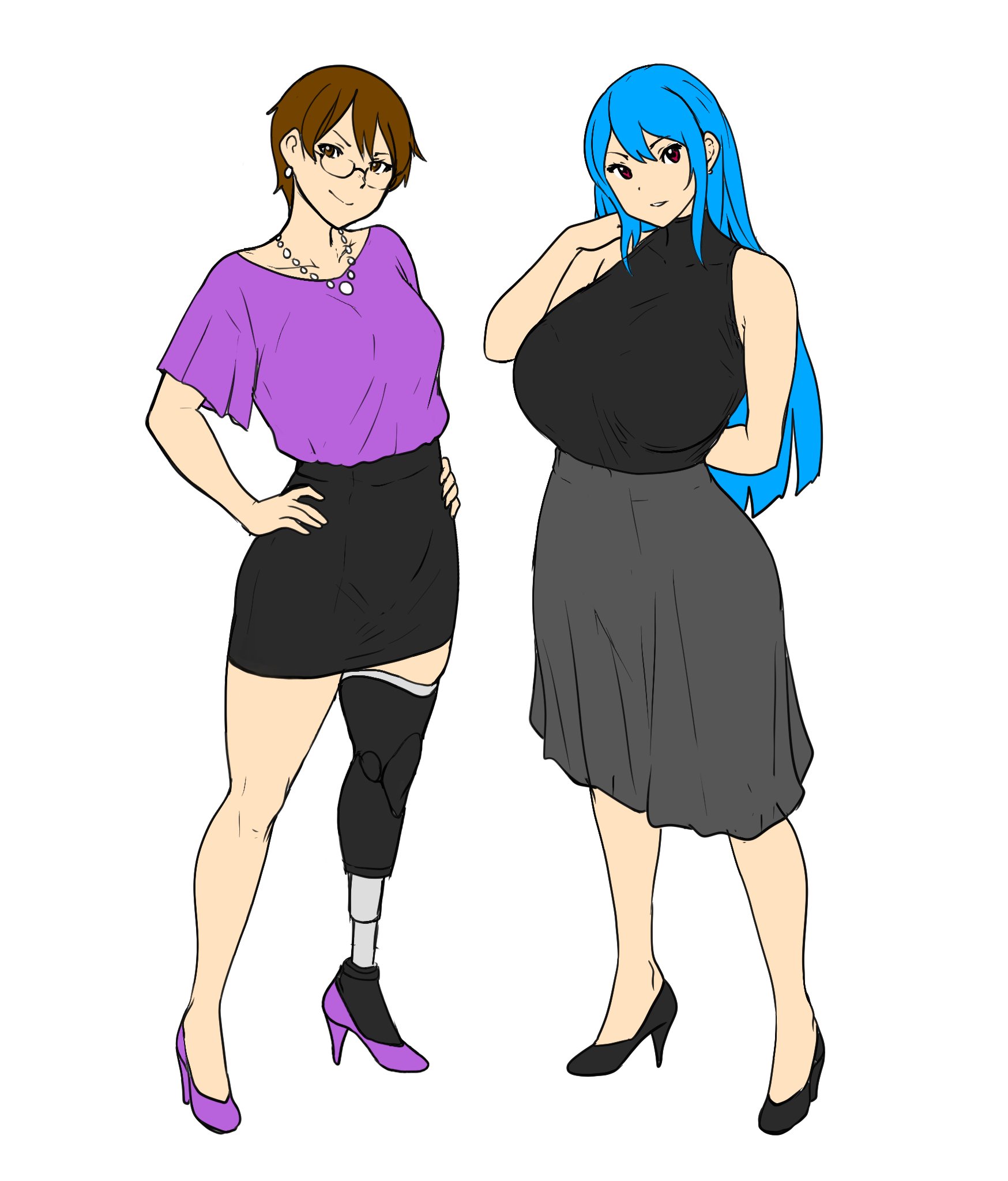 Safebooru - 2girls arm behind back ayumi (erkaz) bangs black footwear black shirt black skirt ...