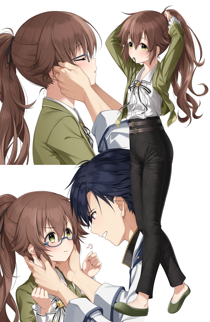 Safebooru - 1boy 1girl =3 alternate hairstyle belt bespectacled black pants black ribbon blue ...