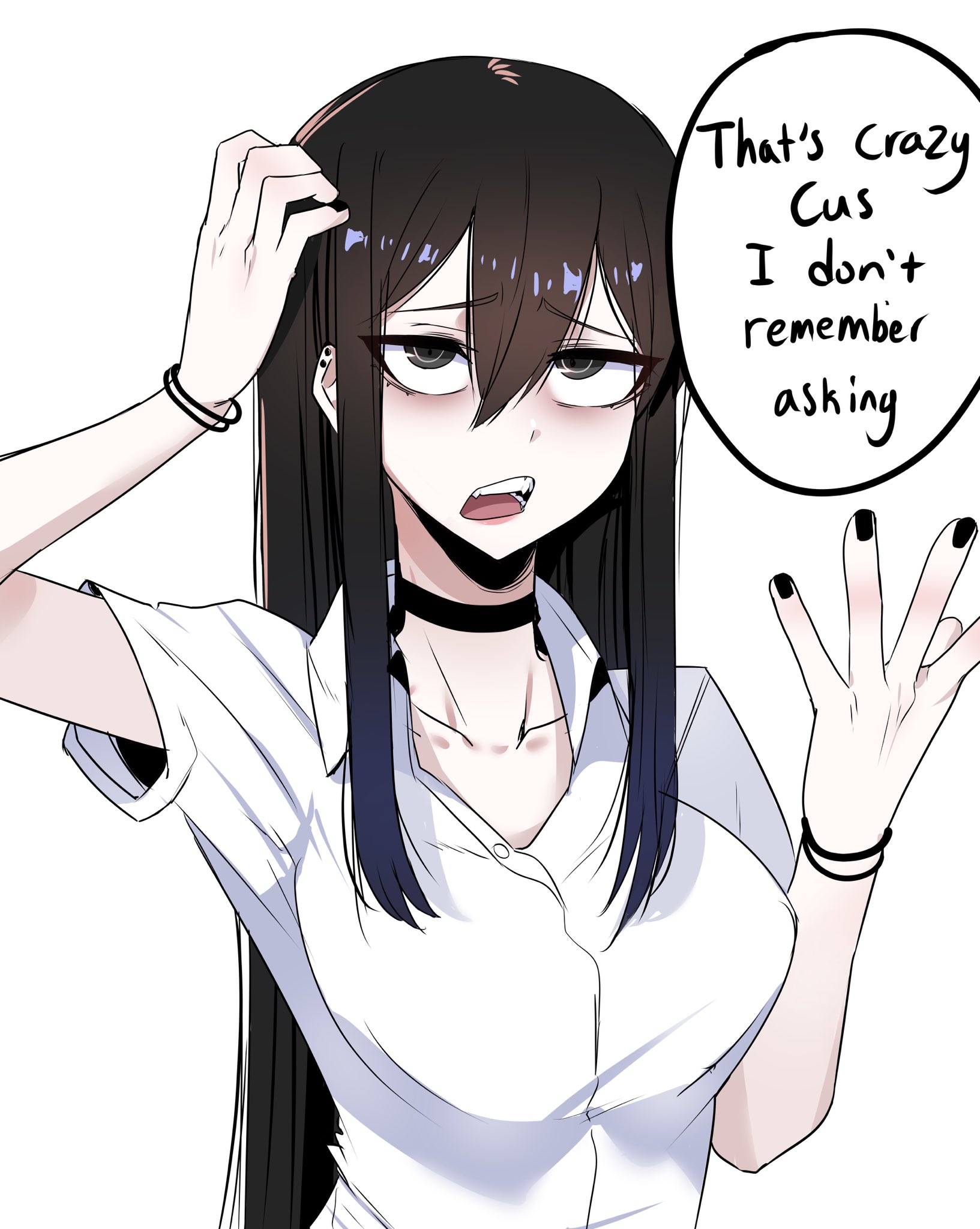 Safebooru 1girl Black Eyes Black Hair Black Nails Bracelet Breasts