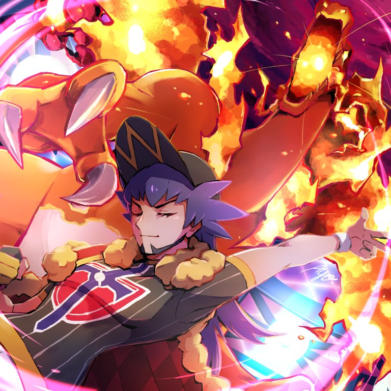 Safebooru - 1boy argyle arm up ayo (ayosanri009) baseball cap cape champion uniform charizard ...