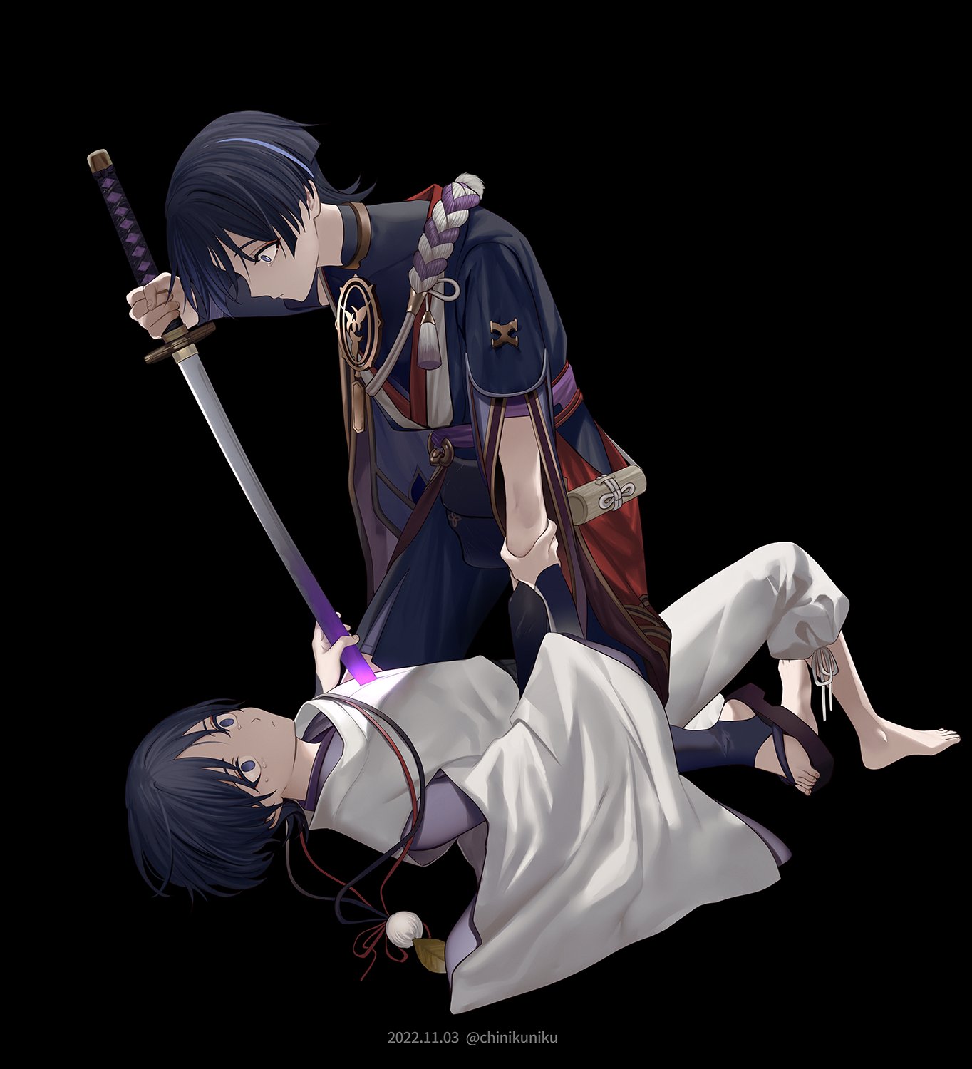 Safebooru - 2boys arm armor arm up artist name baggy pants bangs barefoot black background black ...