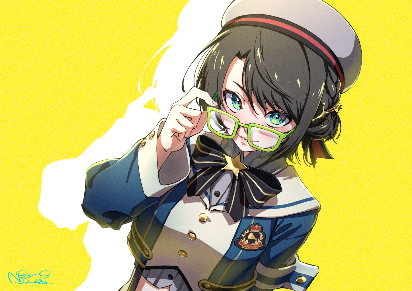 Safebooru - 1girl aqua eyes armband bangs black bow black bowtie black hair blue jacket bow ...