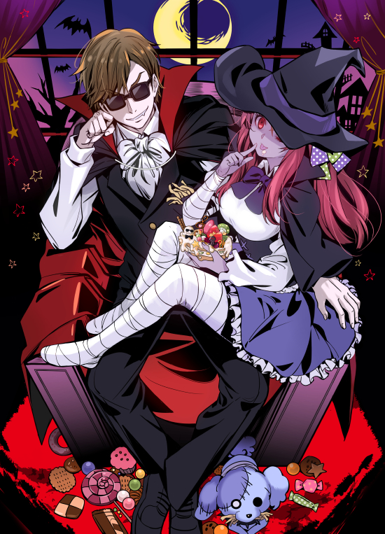 Safebooru - 1boy 1girl :p armchair bandaged arm bandaged leg bandages black capelet black cloak ...