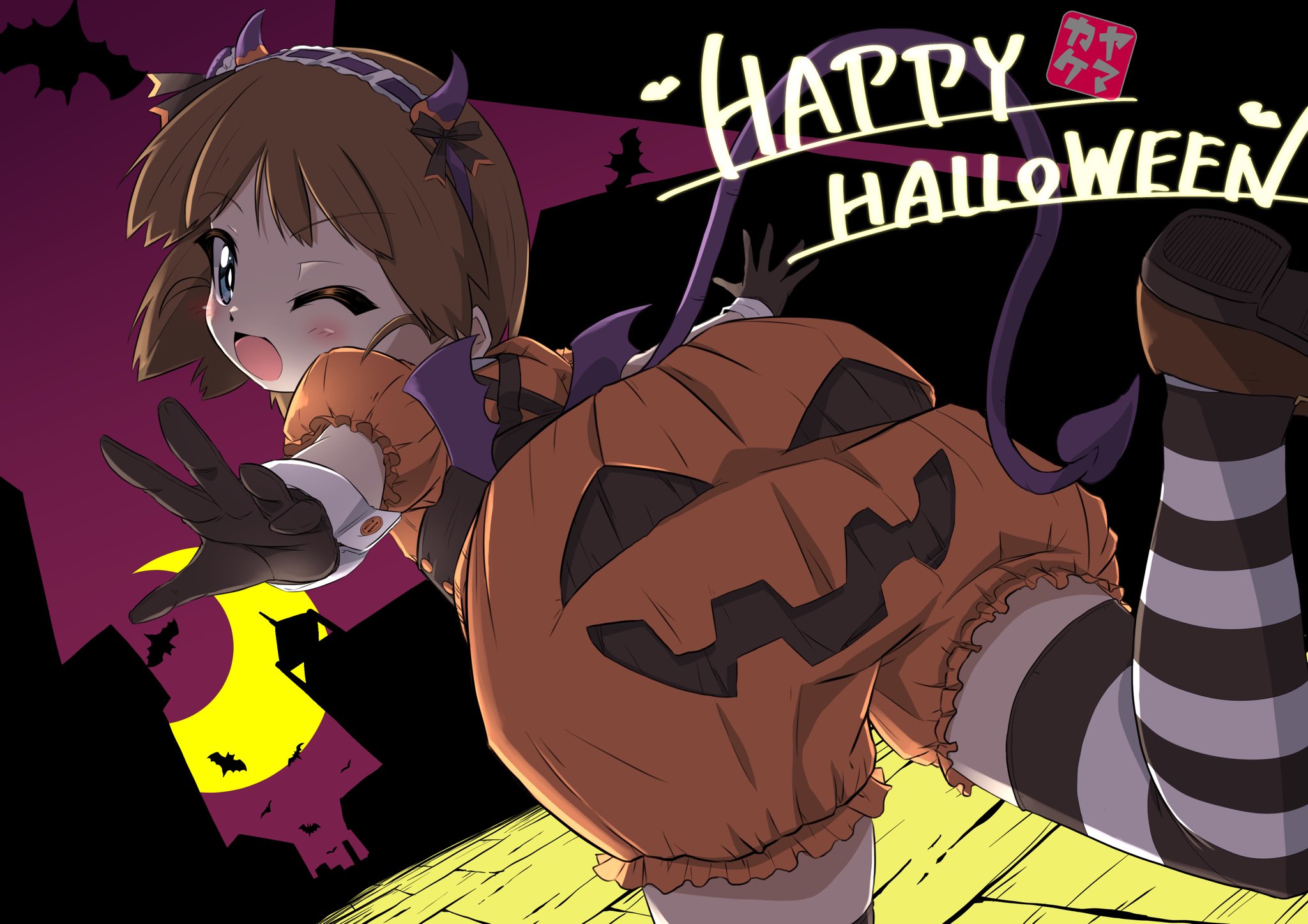 Safebooru - 1girl ;d artist logo bangs bat (animal) bat wings black footwear black gloves black ...