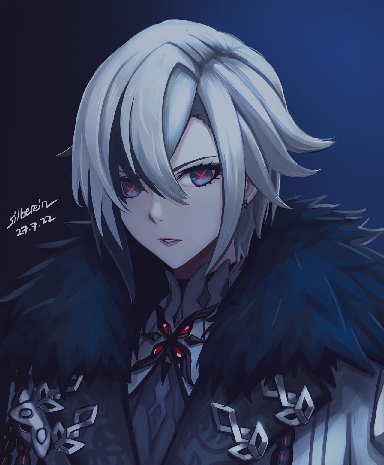 Safebooru - 1boy 1girl arlecchino (genshin impact) bangs black hair blue eyes coat cross-shaped ...