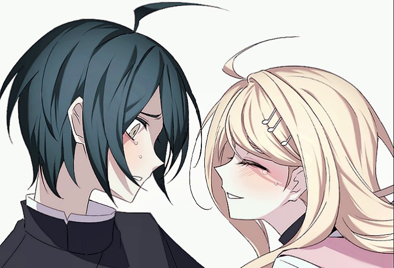Safebooru - 1boy 1girl ahoge akamatsu kaede bangs black hair black jacket blonde hair blush ...