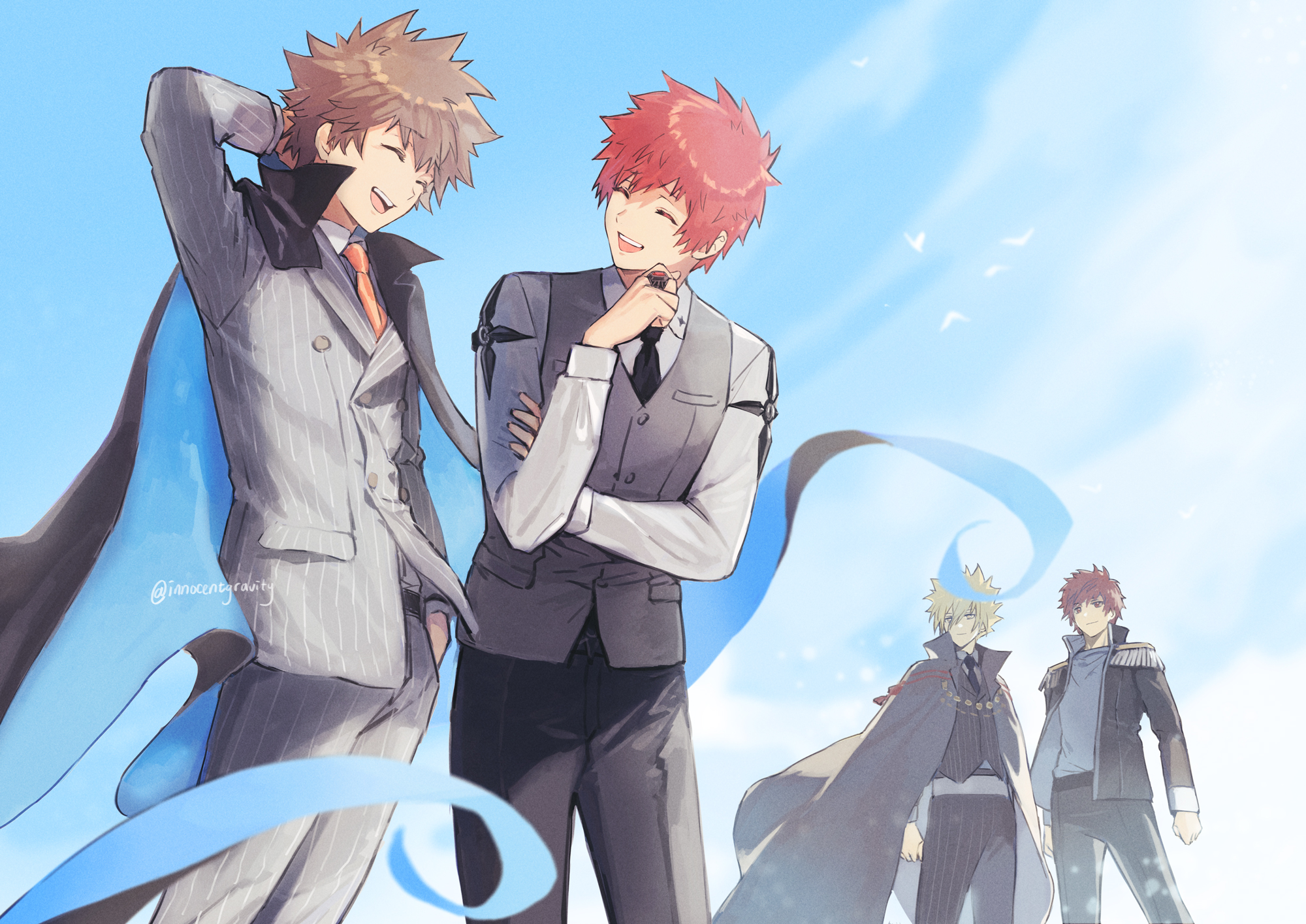 Safebooru - 4boys :d ^ ^ alternate costume arm behind head bangs bird black cape black jacket ...