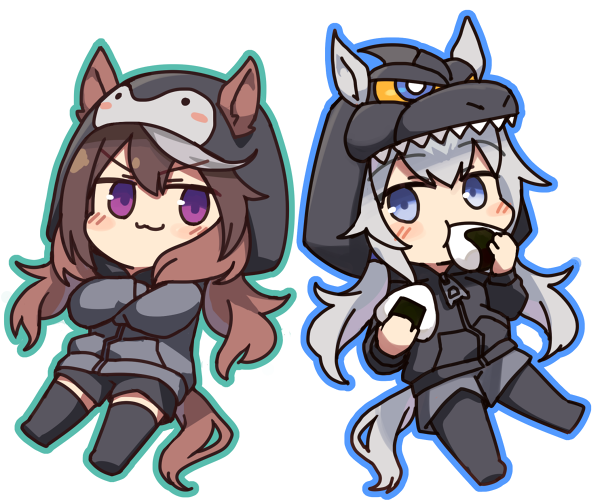 Safebooru - 2girls :3 alternate costume animal ears animal hood black thighhighs blue eyes brown ...