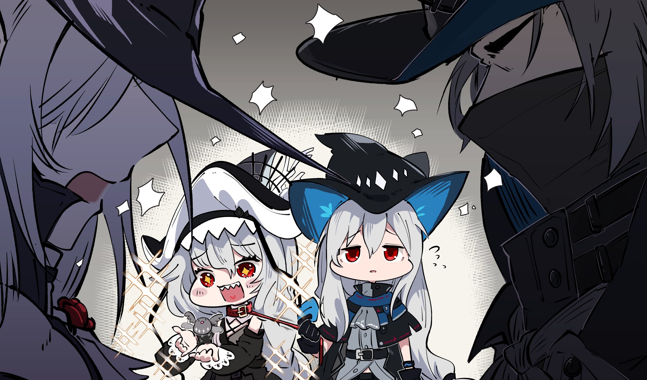 Safebooru - 1boy 3girls :d arknights bangs bare shoulders belt black gloves blush collar flying ...