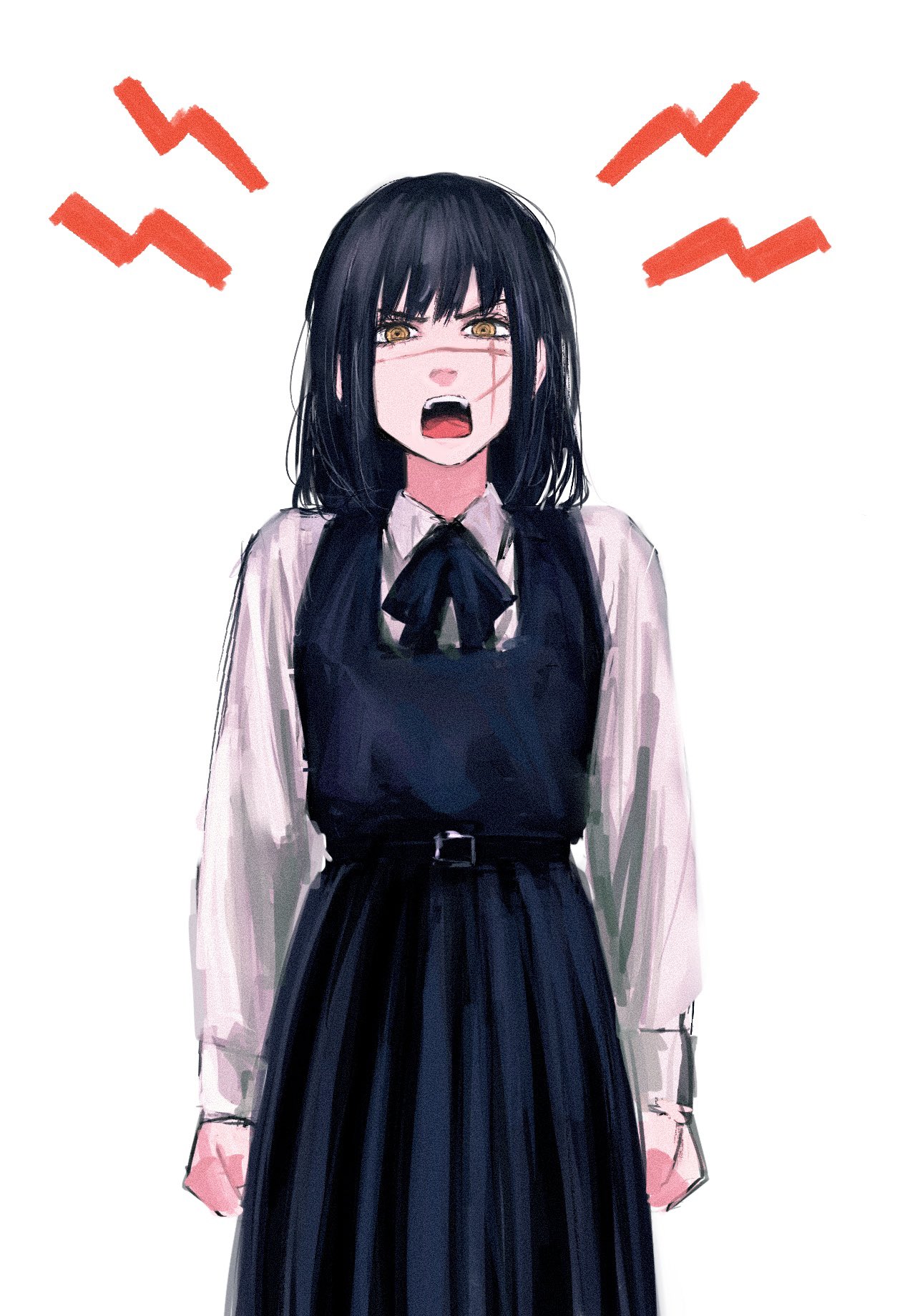 Safebooru - 1girl angry bangs black dress black hair bow chainsaw man collared shirt cowboy shot ...