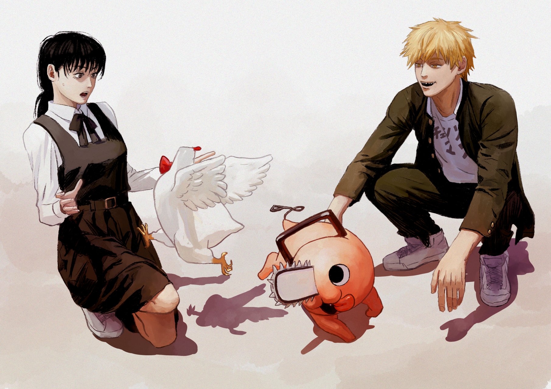 Safebooru - 1boy 1girl bangs black dress black hair blonde hair chainsaw man collared shirt ...