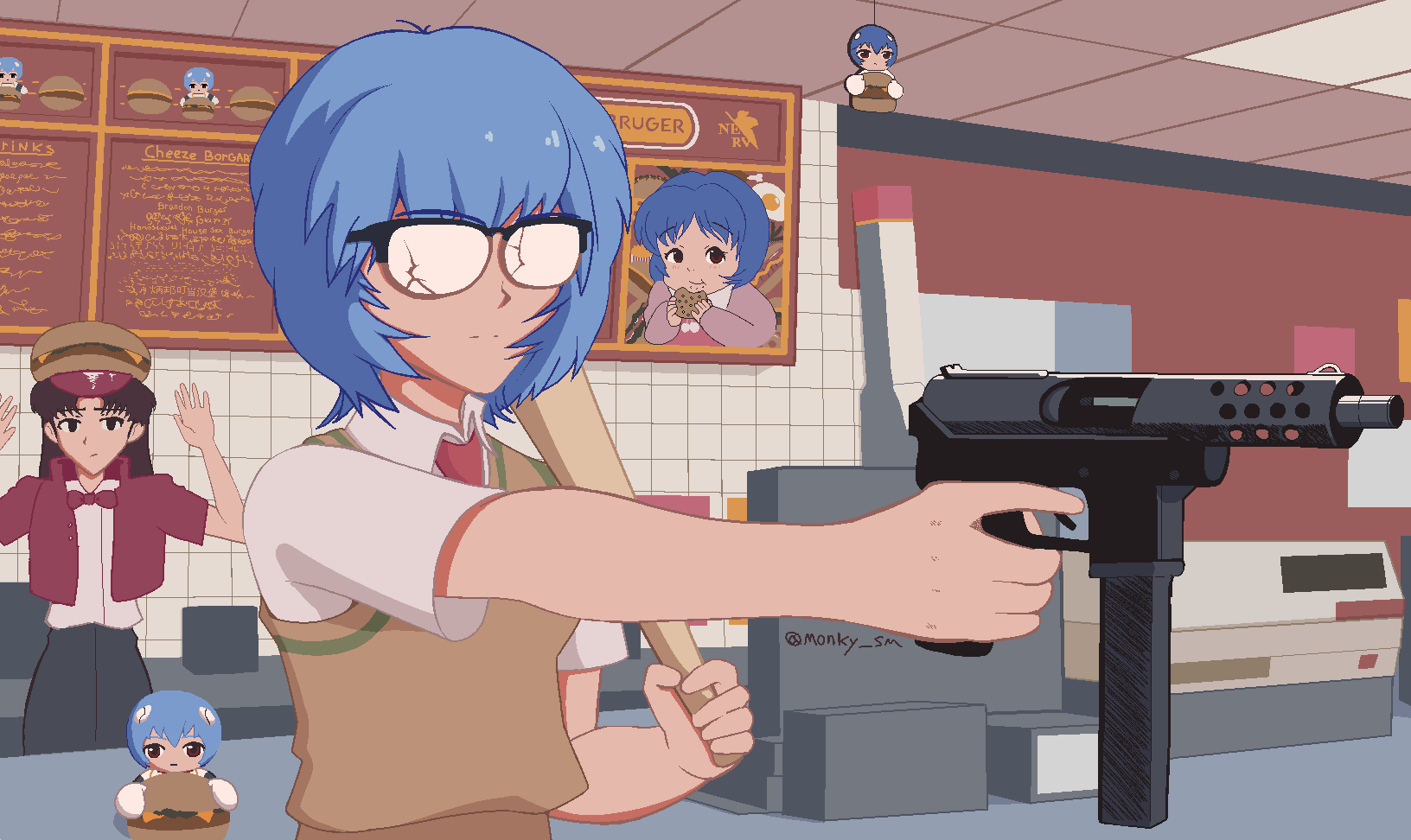 Safebooru - 2girls alternate costume artist name ayanami rei bangs baseball bat black eyes blue ...