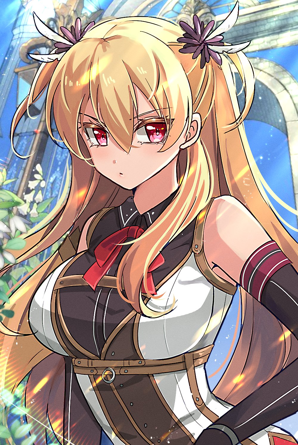 Safebooru - 1girl alisa reinford blonde hair breasts eiyuu densetsu elbow gloves flower gate ...