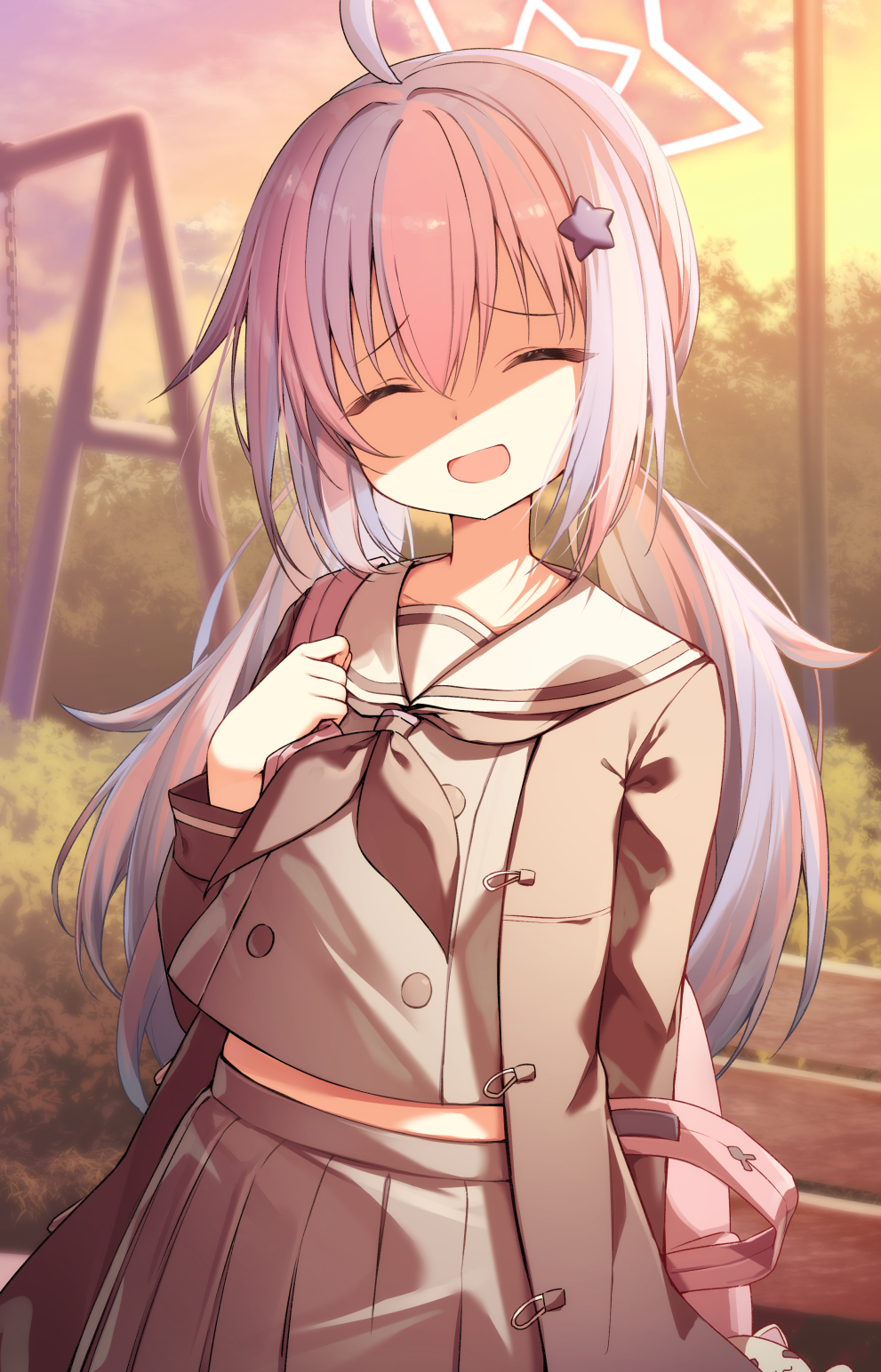 Safebooru - 1girl ahoge bag bangs blue archive bow character request closed eyes coat dress ...