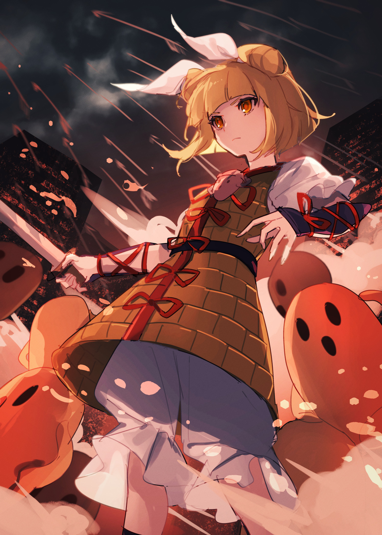 Safebooru - 1girl armor armored dress bangs blonde hair bloomers closed mouth double bun dress ...