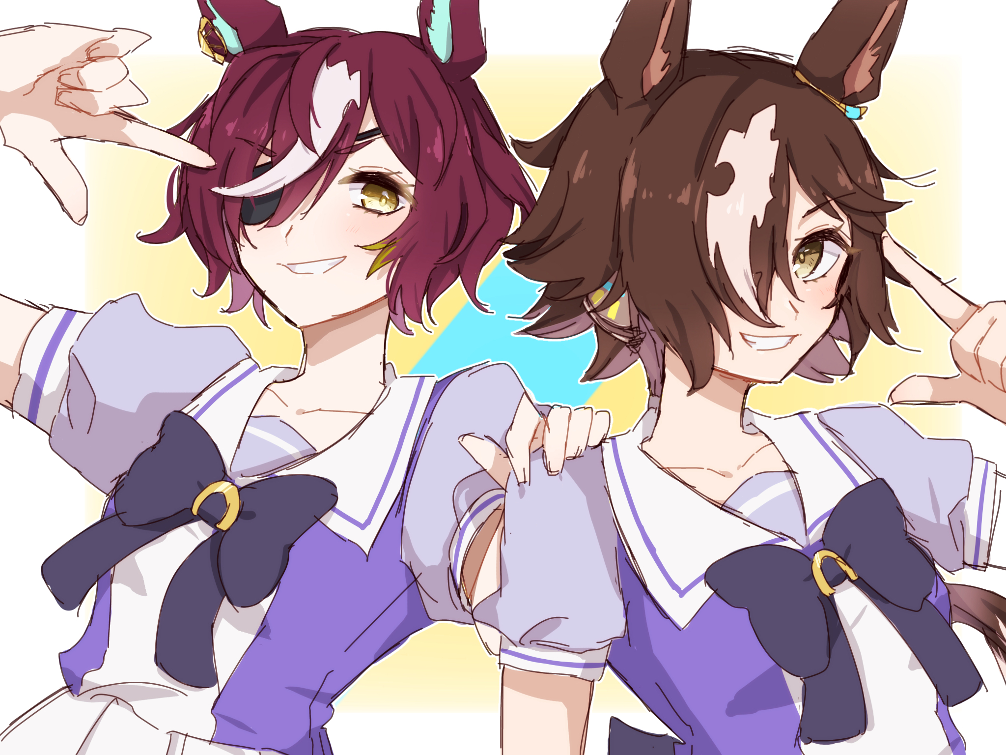 Safebooru - 2girls :d animal ears bangs blue background border bow bowtie brown eyes brown hair ...