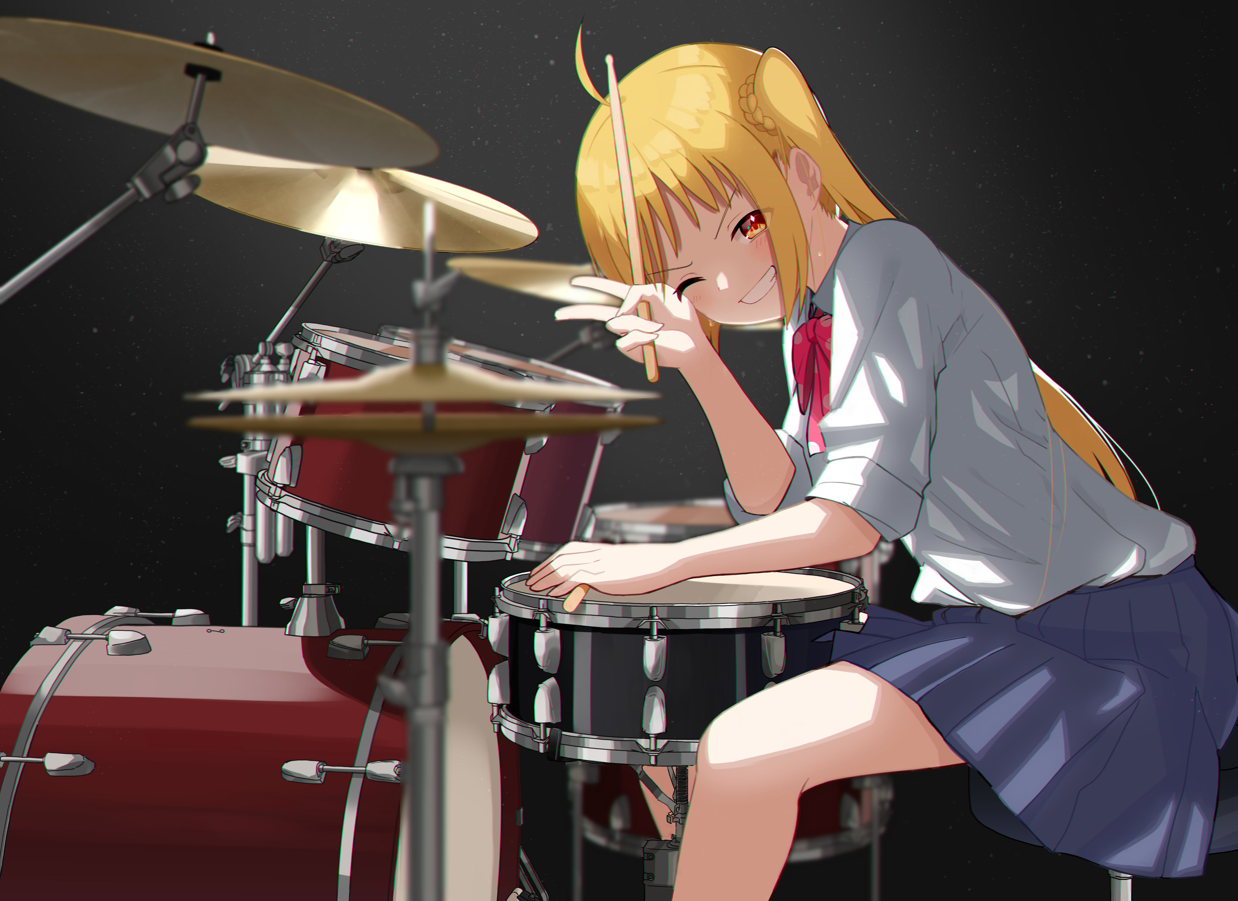 Safebooru - 1girl absurdres ahoge blonde hair blue skirt blush bocchi the rock! bow brown eyes ...